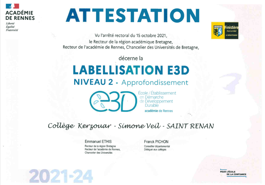 Education au Développement Durable : Labellisation Niveau 2 - Collège Simone-Veil
